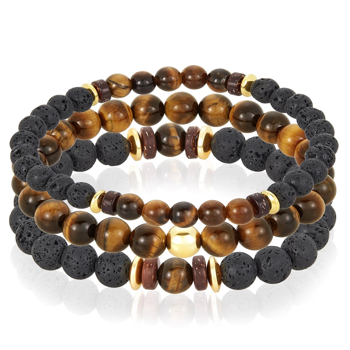 Invicta Bracelet Set - Tiger Eye, Lava, Wood and Gold Hematite Bead St ...