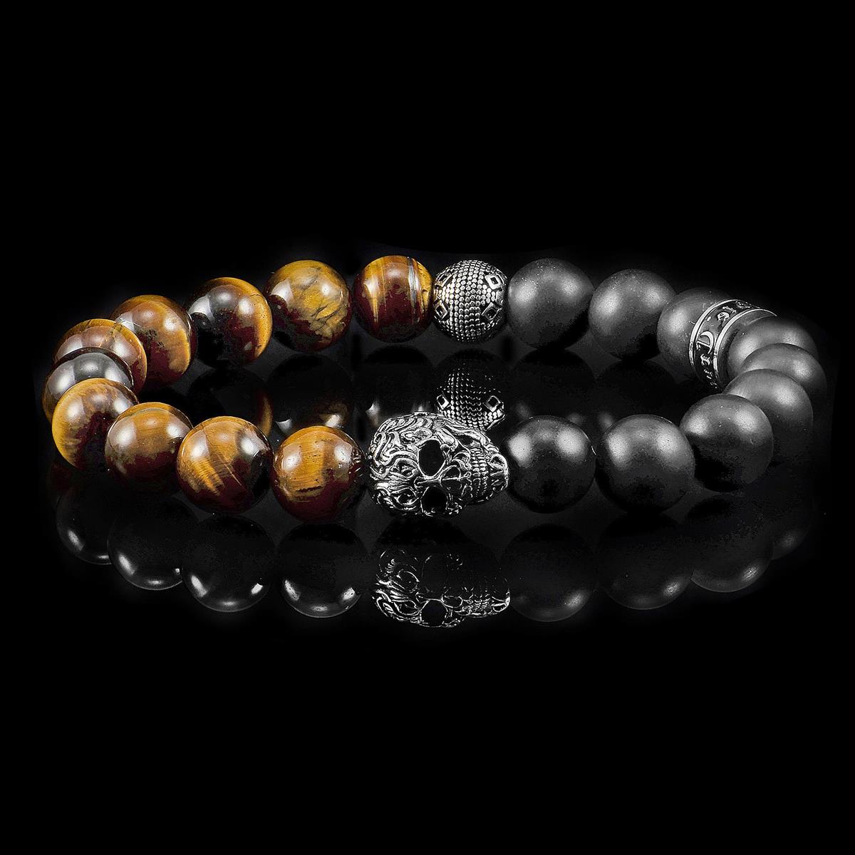 Crucible Gold Skull Stretch Bracelet with 10mm Matte Black Onyx and Ti ...