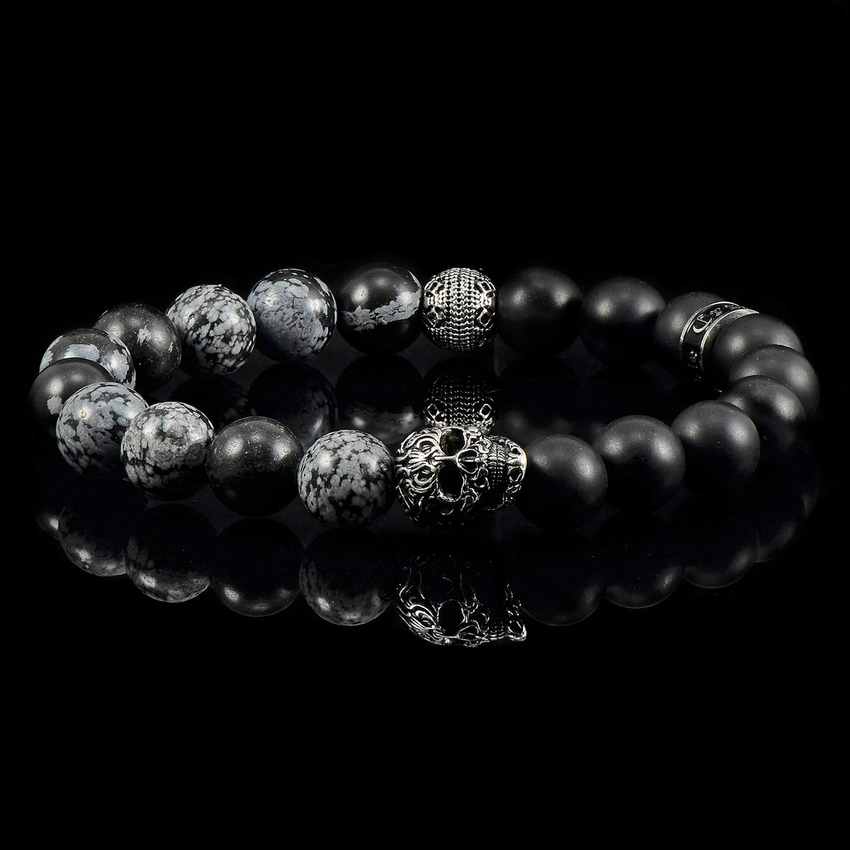 Crucible Skull Stretch Bracelet with 10mm Matte Black Onyx and Snowfla ...