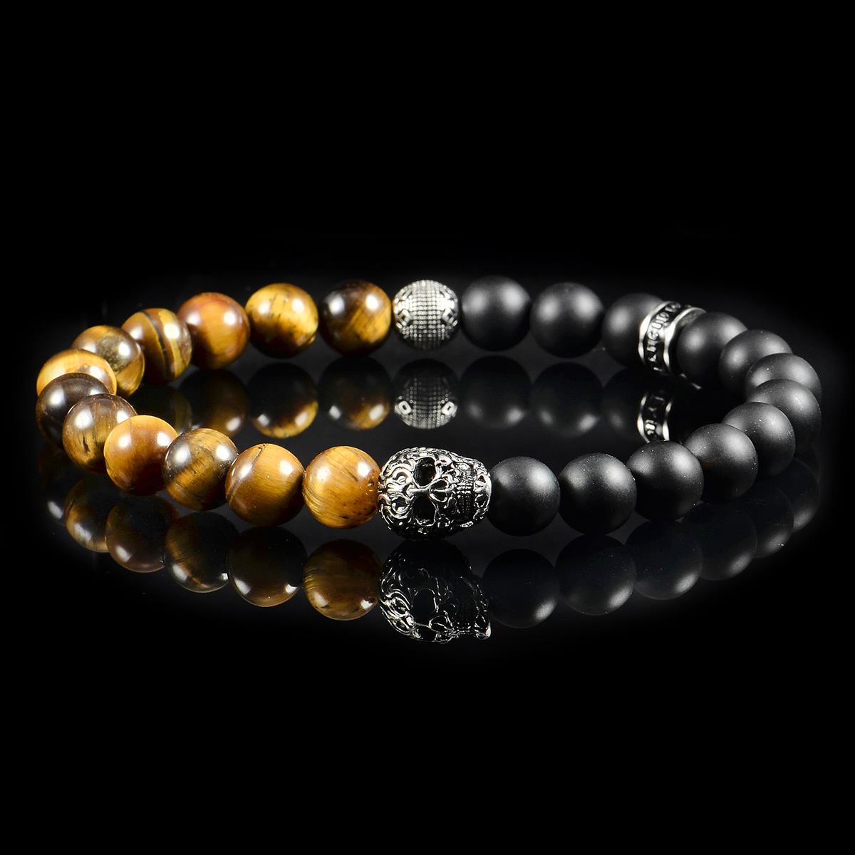 Crucible Skull Stretch Bracelet with 8mm Matte Black Onyx and Tiger Ey ...