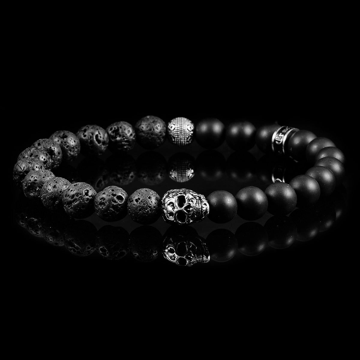 Crucible Skull Stretch Bracelet with 8mm Matte Black Onyx and Black La ...