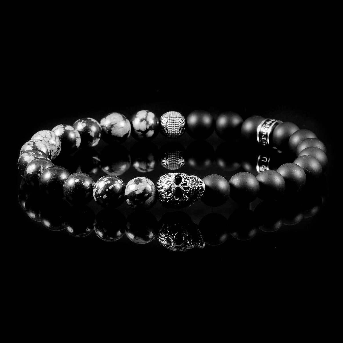 Crucible Skull Stretch Bracelet with 8mm Matte Black Onyx and Snowflak ...