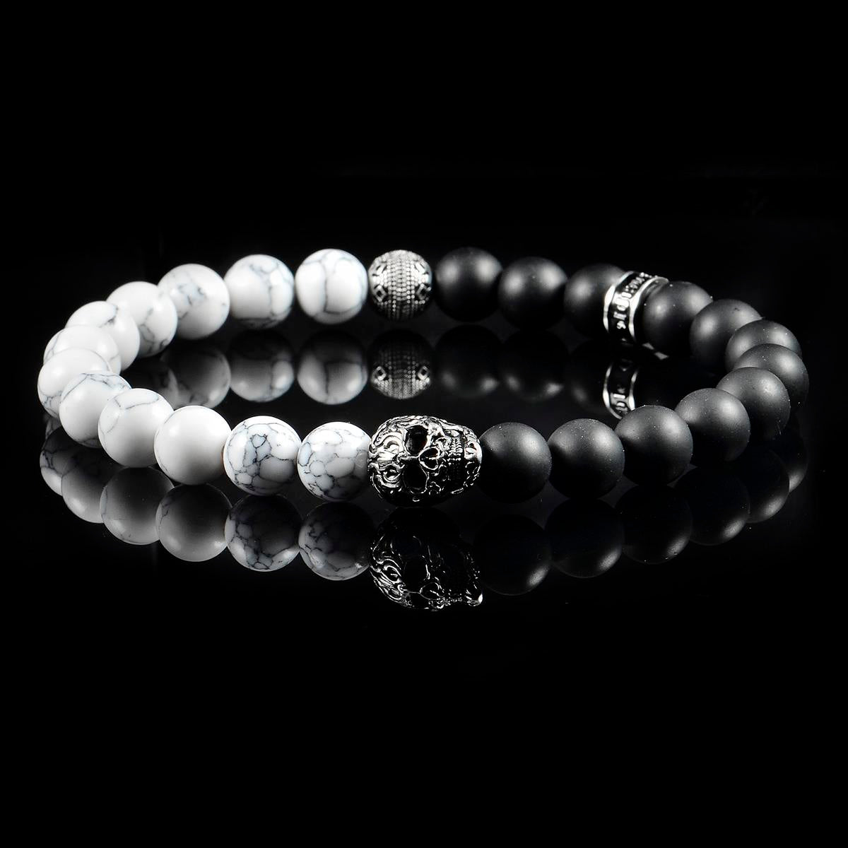 Crucible Skull Stretch Bracelet with 8mm Matte Black Onyx and Howlite ...