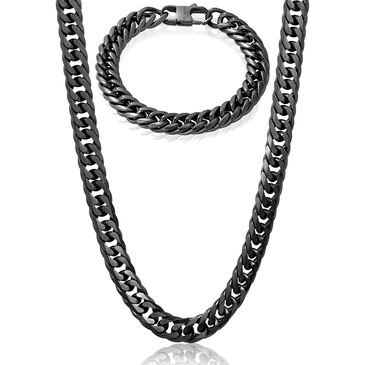 Invicta Jewelry Double Curb Chain Black Bracelet and Necklace Set